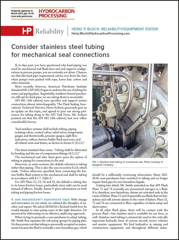 Consider Stainless Steel Tubing for Mechanical Seal Connections